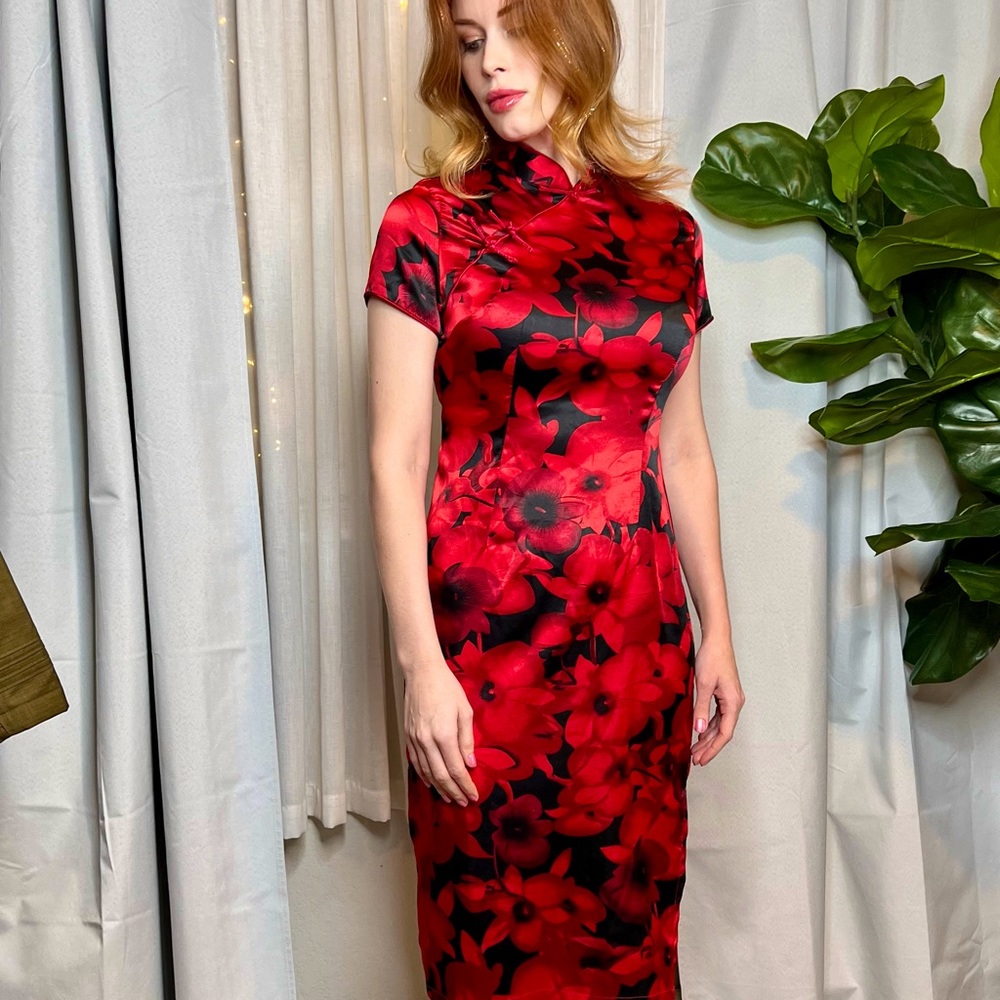 S/4 Red Short Sleeve Side Slits Chinese Qipao Dress - Gem